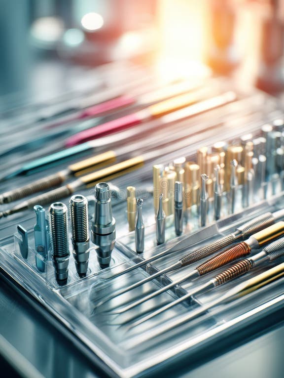 Organized Dental Tray Featuring Implants and Surgical Tools Illuminated ...