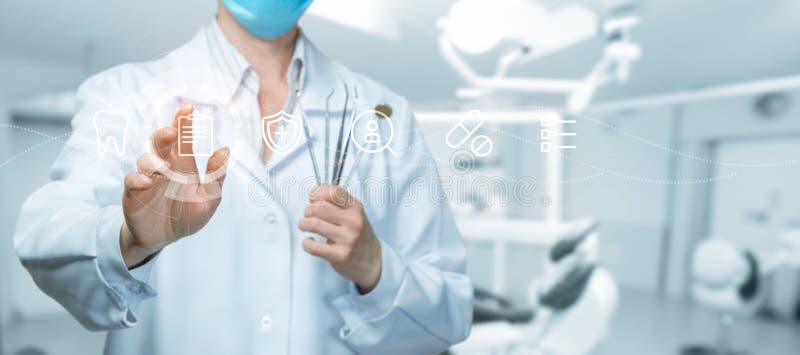 Dentist Clicks on Icon on Blurred Clinic Background Stock Illustration ...