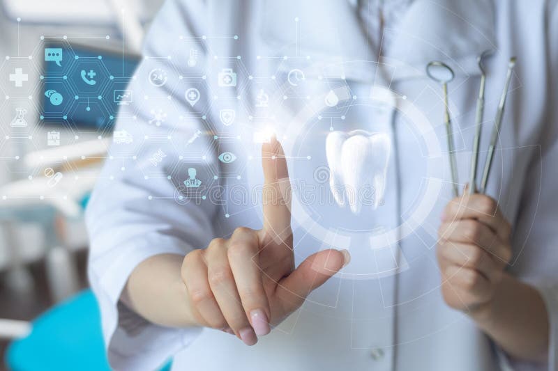 A Dentist Clicks on an Icon of a Tooth on a Virtual Screen. Stock Photo ...