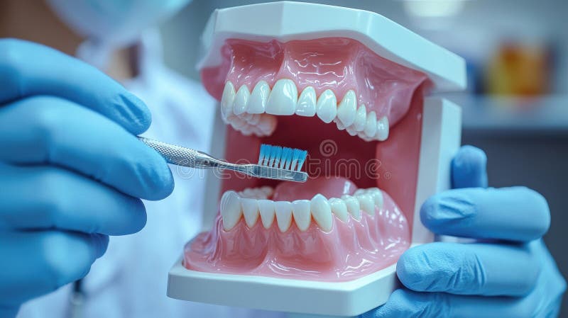 Dentist Demonstrating Proper Brushing Technique on Dental Model ...