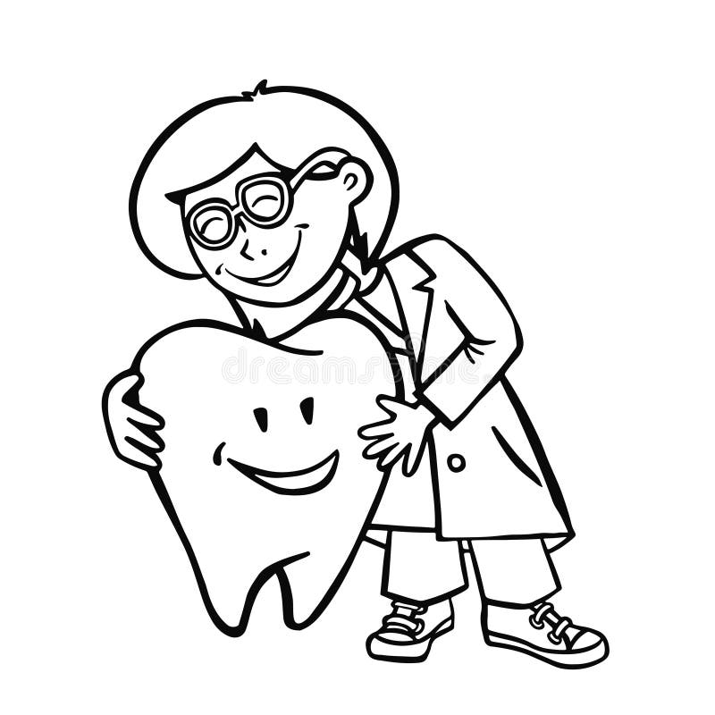 Dentist Hugging Healthy Tooth, Oral Hygiene Line Vector Stock Vector ...