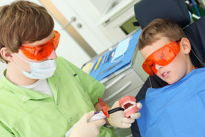 Dentist and Patient Boy Look at Light Tool Stock Image - Image of ...