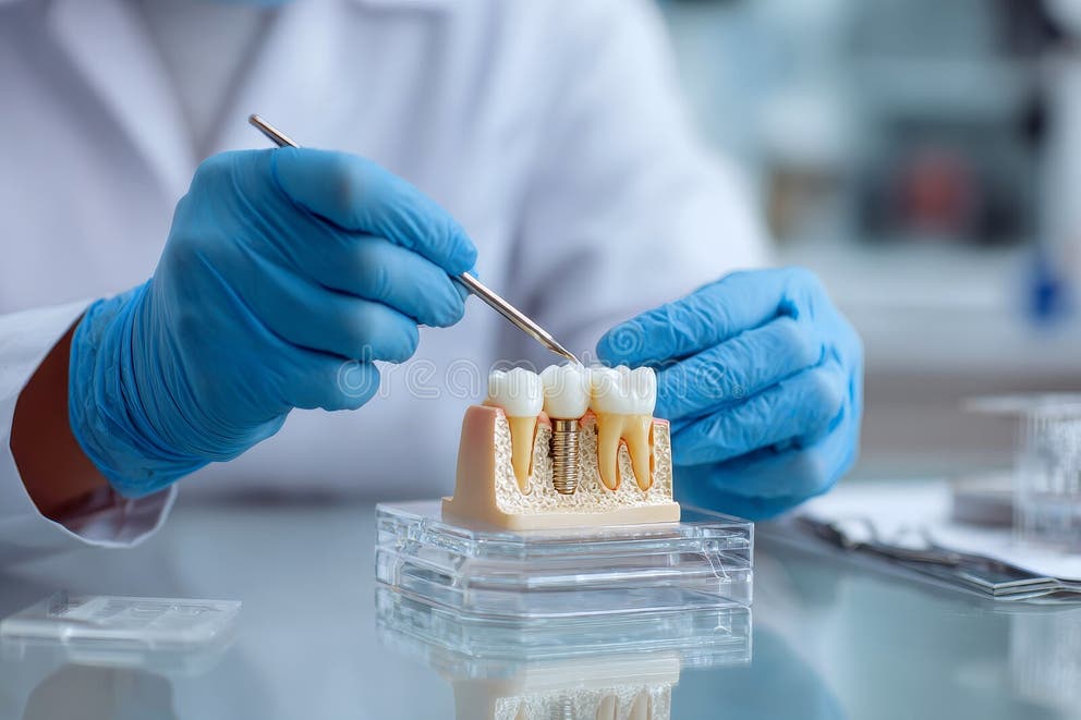 A Dentist Preparing a Dental Implants Placement on Laboratory. Stock ...
