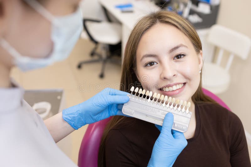 The Dentist Selects the Tone of the Patient S White Teeth with a Pallet ...