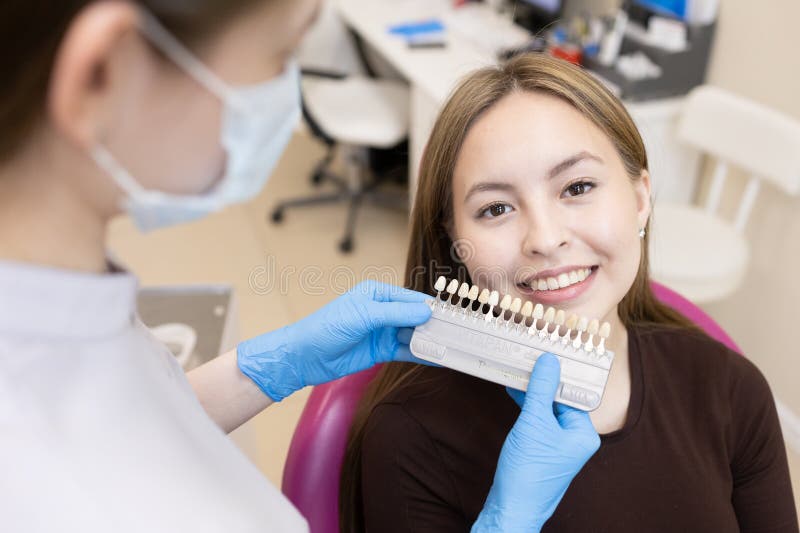 The Dentist Selects the Tone of the Patient S White Teeth with a Pallet ...