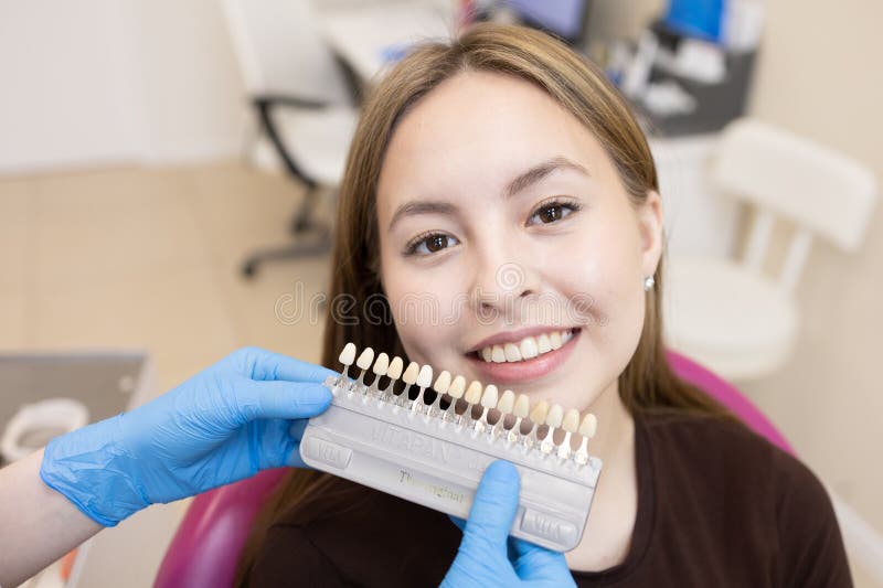 The Dentist Selects the Tone of the Patient S White Teeth with a Pallet ...