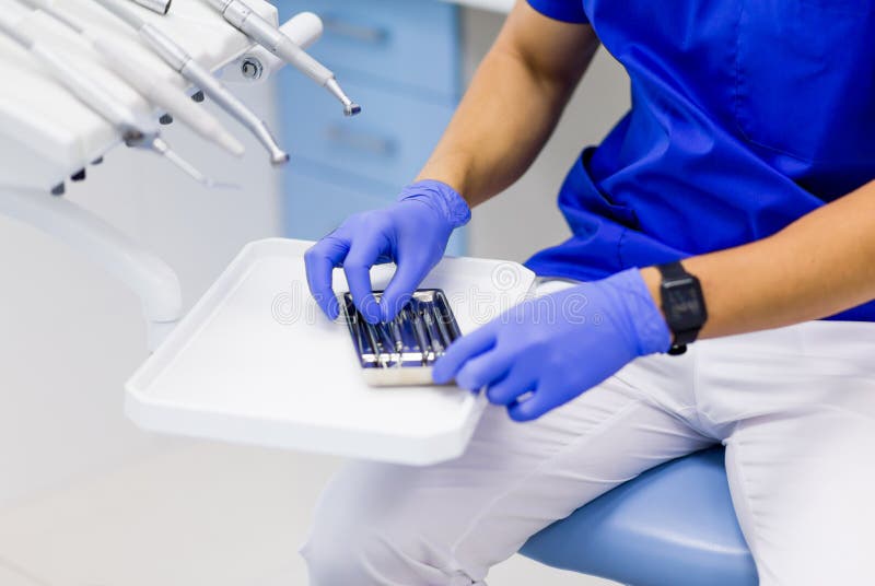 Dentist Tools in Metal Tray on Table Close Up Stock Image - Image of ...