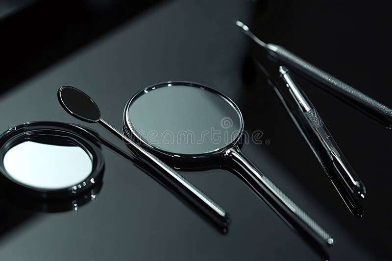 Dentist Tools and Mirrors Resting on Reflective Black Surface Stock ...