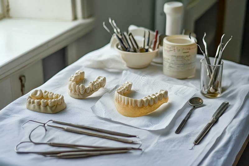 Dentist Tools and Teeth Molds Resting on Table in Dental Office Stock ...