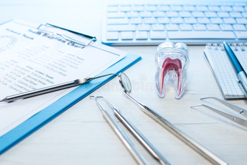 Dentist Tools, Tooth Eruption Chart and Tooth Model on Table with ...