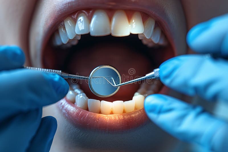 Dentist Uses Mirror To Check Teeth Patients Smile Reflects in it Stock ...