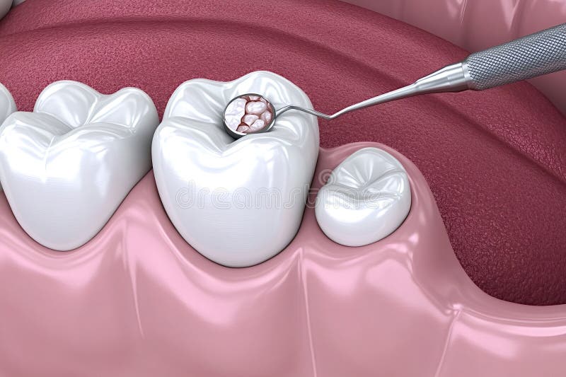Dentist Using Dental Mirror Examining Decayed Tooth in Mouth Stock ...