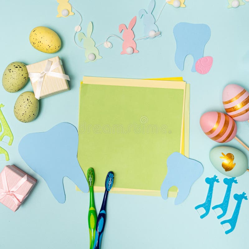 Easter Dentistry. Blue Tooth and Painted Eggs in Nests on a Beige ...