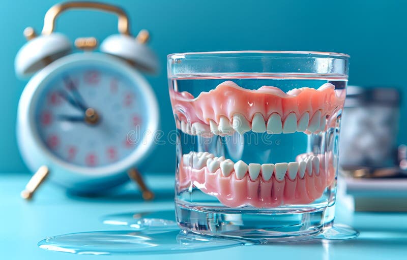 Dentures in Glass of Water. a Glass of Water with Pink Inflatable Teeth ...
