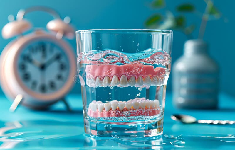 Dentures in Glass of Water. a Glass of Water with Pink Inflatable Teeth ...