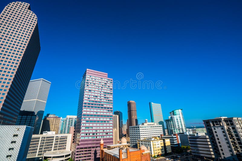 Looking Up at Deep Blue Sky and Denver Colorado Skyline Cityscape with ...