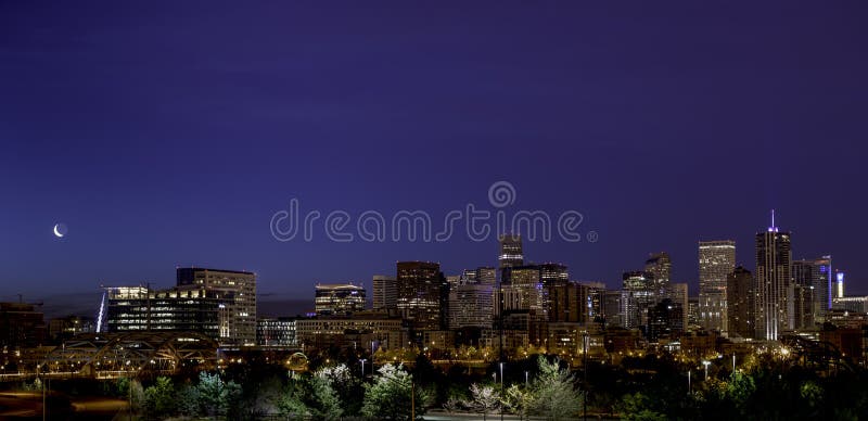 Denver Colorado with a Crescent Moon Stock Photo - Image of denver ...