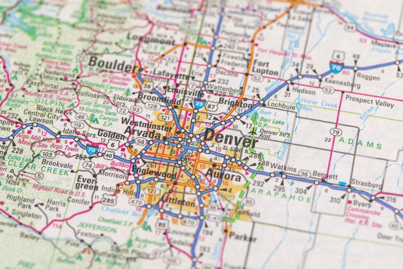 Denver on a map of USA. stock photo. Image of colorado - 262400572