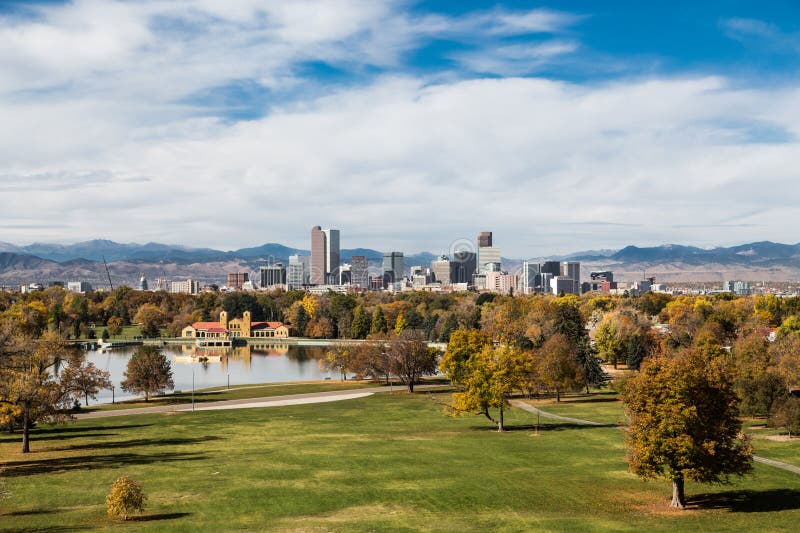 Denver Skyline and Mountains Beyond Lake Stock Image - Image of park ...