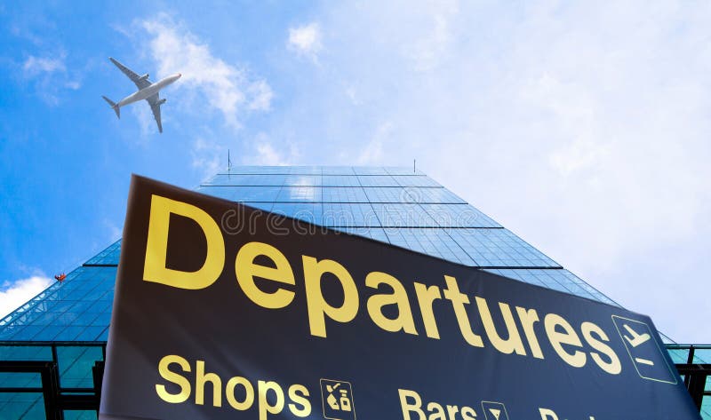 Departure Sign and Airplane in the Sky Stock Image - Image of gate ...
