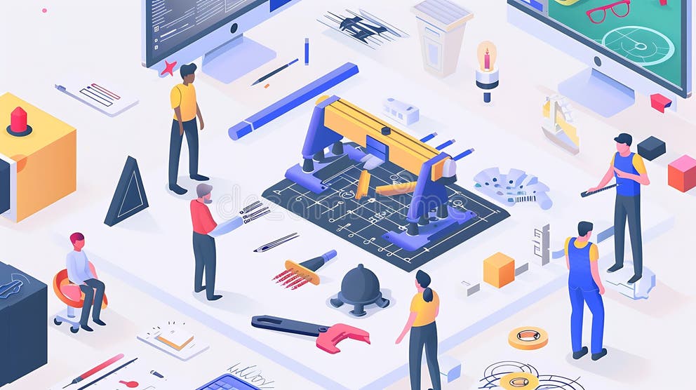 Depict Engineers and Designers in a Workshop Setting, Crafting a Prototype of a New Product with ...