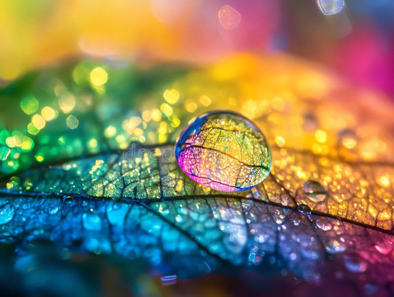 Depict a Hyperreal Photograph of a Raindrop on a Leaf, with Intricate ...