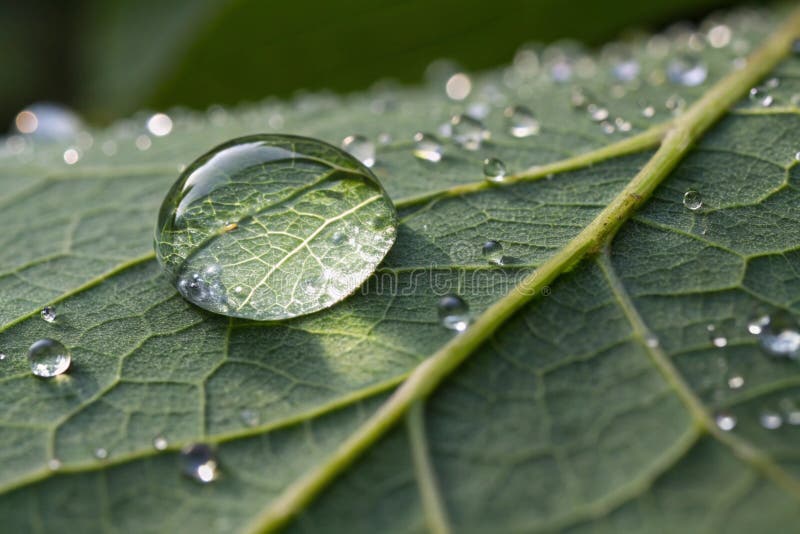 Depict a Hyperreal Photograph of a Raindrop on a Leaf, with Intricate ...