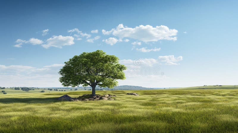 A Lone Tree Standing Tall in a Grassy Plain Stock Illustration ...