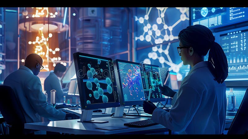 Depict Scientists in a Lab Analyzing Protein Models on Computer Screens ...