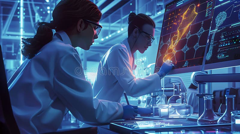 Depict Scientists in a Lab Analyzing Protein Models on Computer Screens ...