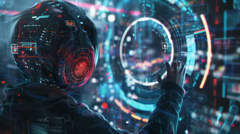 Depict a Skilled Cyberpunk Hacker in a Futuristic Setting, Surrounded ...