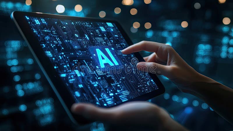 AI Powered Tablet Futuristic Technology Interface with Glowing Circuit ...