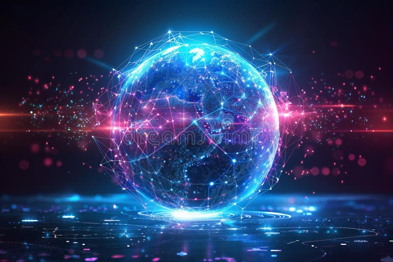 Depicting a Abstract Glowing Digital World Sphere with Blue and Purple ...