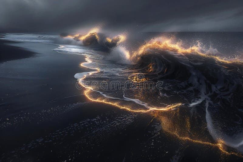 Depicting a Black Waves and Light Encasing a Black Beach, High Quality ...