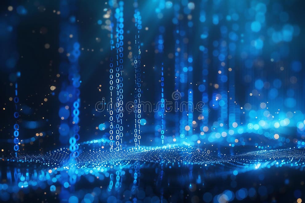 Depicting a Blue Binary Code Falling Down on a Dark Background, Data Flowing Stock Illustration ...