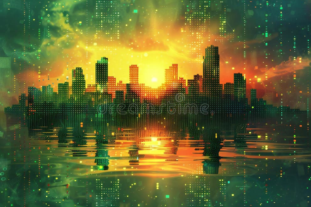 Depicting a City Skyline Made of Binary Code, with the Sun Setting ...