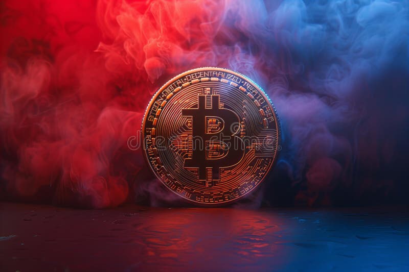 Depicting a Digital Illustration of the Bitcoin Logo on a Red and Blue ...