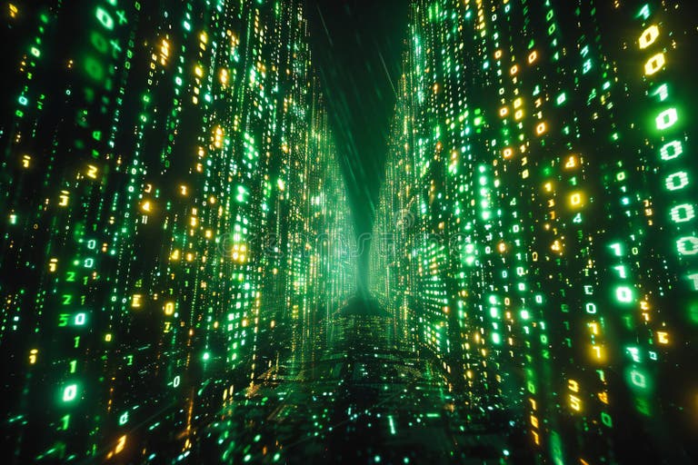 Depicting a Digital Matrix of Green Binary Code, with Rays of Light Emanating from the Center ...