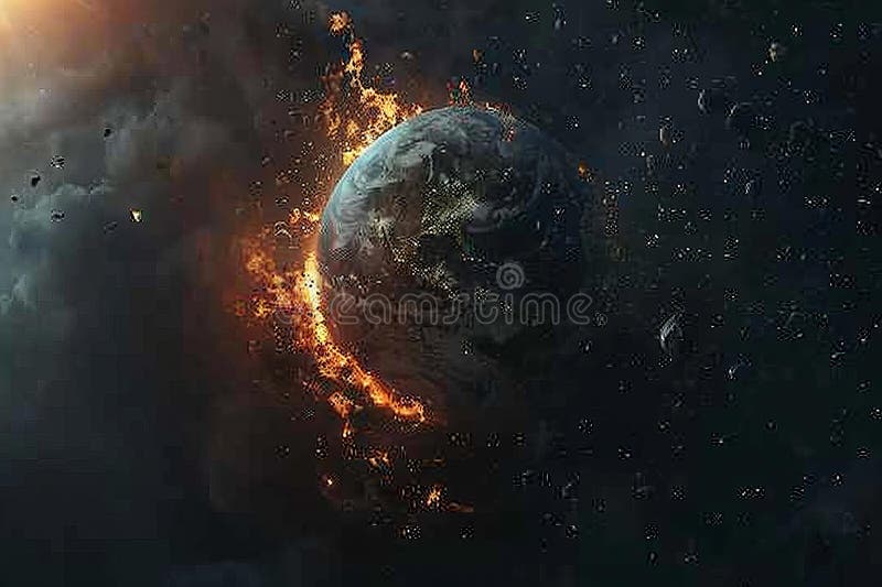 Depicting a the Earth is Broken into Two Pieces, One Side Burning and ...