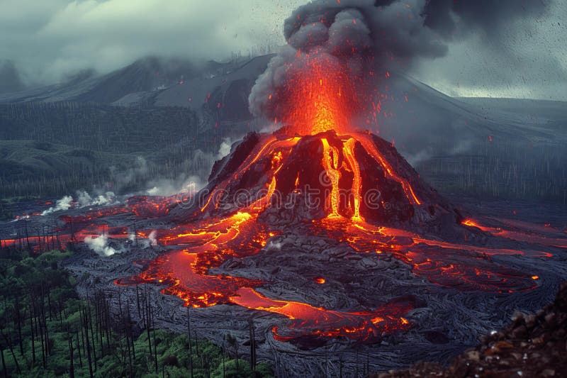 Depicting a Erupting Volcano, Centered in Frame, Glowing Red and Orange ...