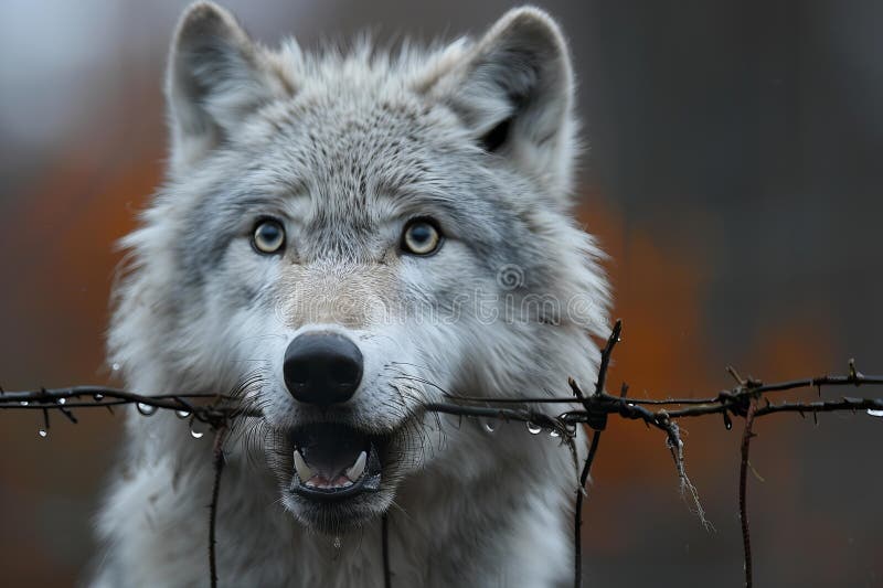Depicting a Gray White Wolf with Open Mouth Stares at the Camera Stock ...