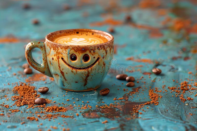 Depicting a Happy Coffee Cup on a Blue Surface with a Smiley Face Stock ...