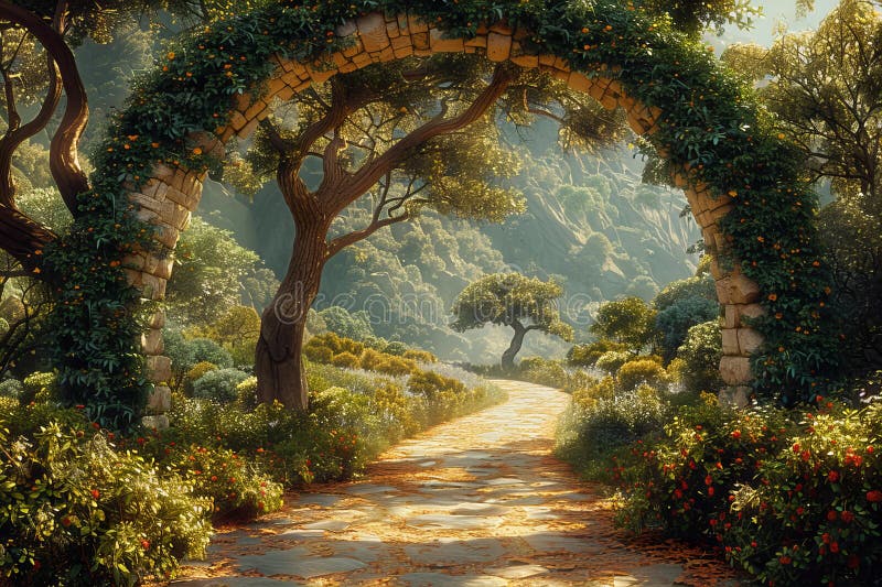 Depicting a Landscaped Path through Arch with Ivy and Small Tree Stock ...