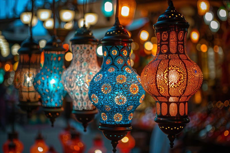 Depicting a Large Array of Colorfully Lit Lamps, High Quality, High ...