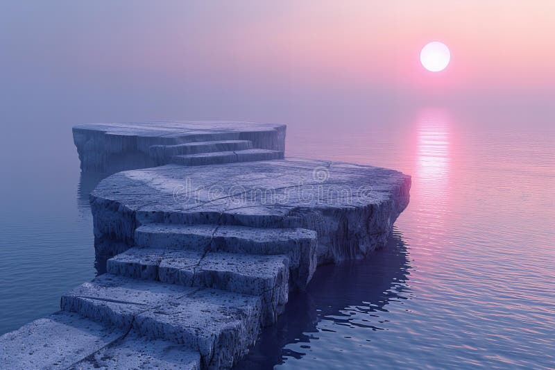 Depicting a Large Rock with Steps Leading into Water at Sunset Stock ...