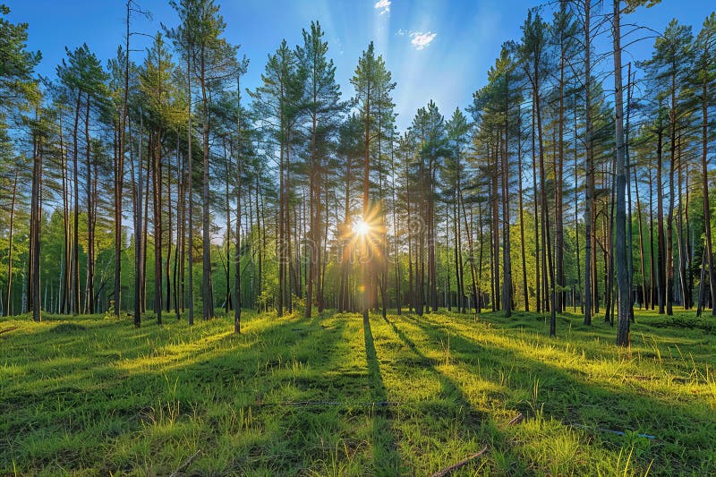 Depicting a Panoramic View of the Sun Shining through Tall Trees in an Endless Pine Forest ...