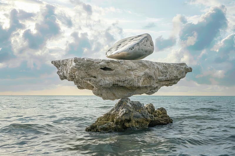 Depicting a Rock Balanced on Top of the Ocean with a Balance Scale in ...