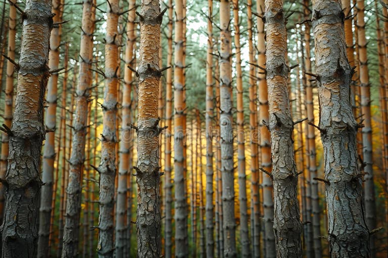 Depicting a Tall Pine Forest with Many Trees, Full of Trunks, Showing ...