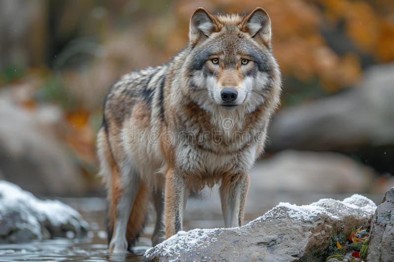 Depicting a Wolf is Standing on a Rock Next To Water, High Quality ...