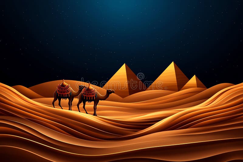 A Depiction of a Camel Caravan Moving through a Desert with Distant ...